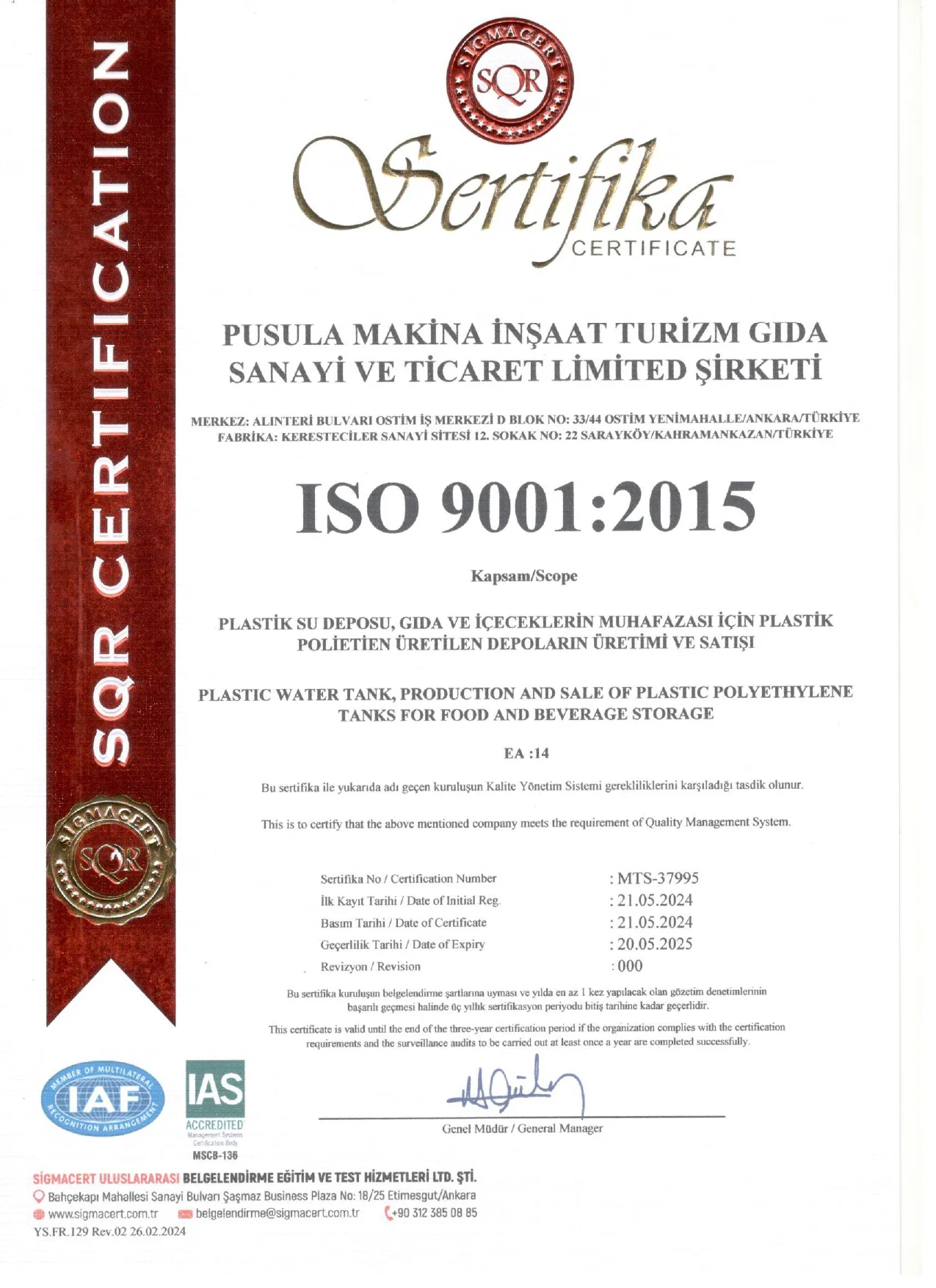 Our Quality Certificates - Pusula Su Deposu
